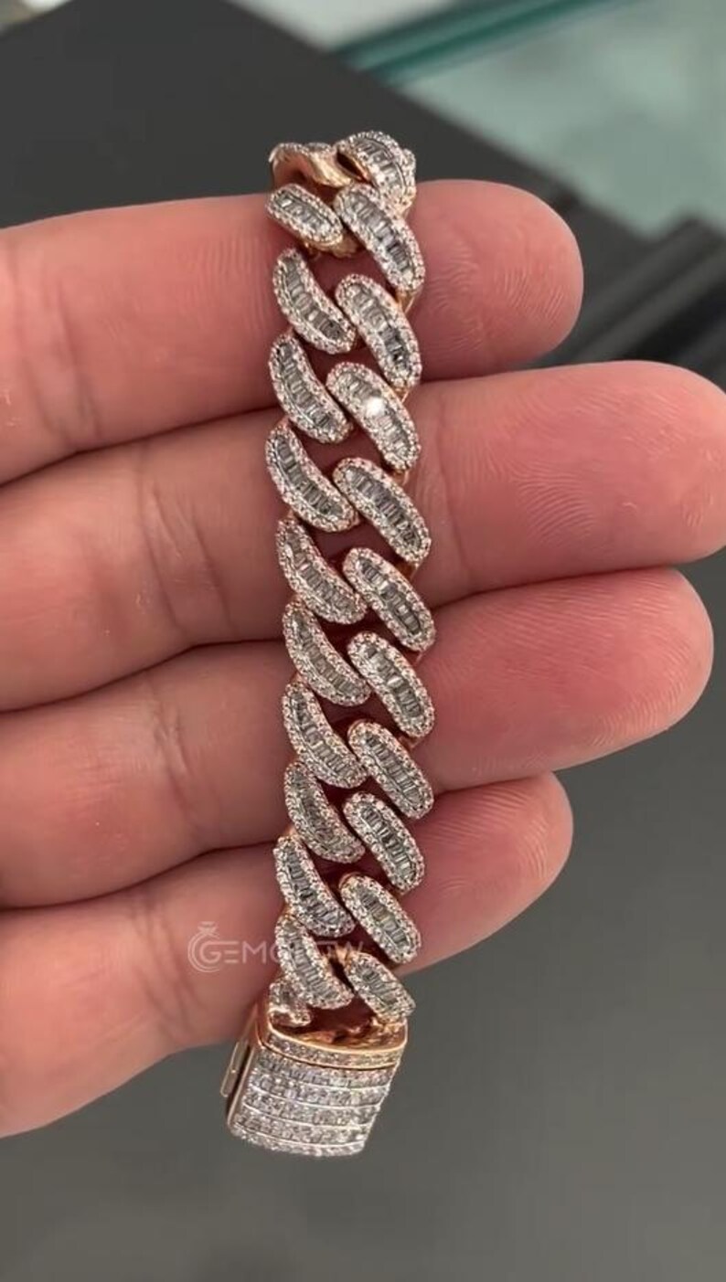 12mm Baguette Diamond Miami Cuban Chain Bracelet Iced Out Unisex ...