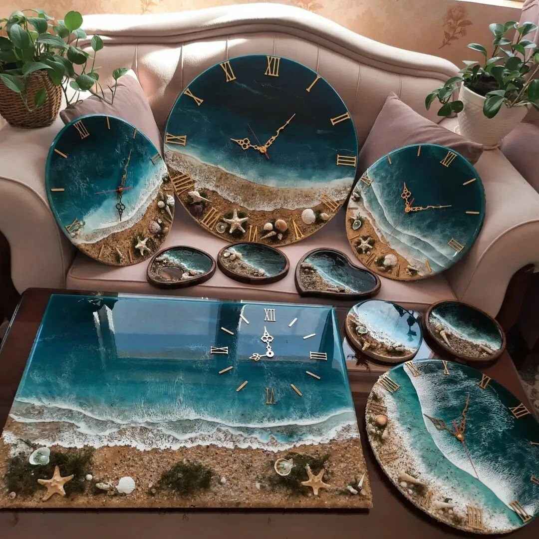 Sea Color Wall Clock With Greek Beach Sand and Ocean Color Resin ...