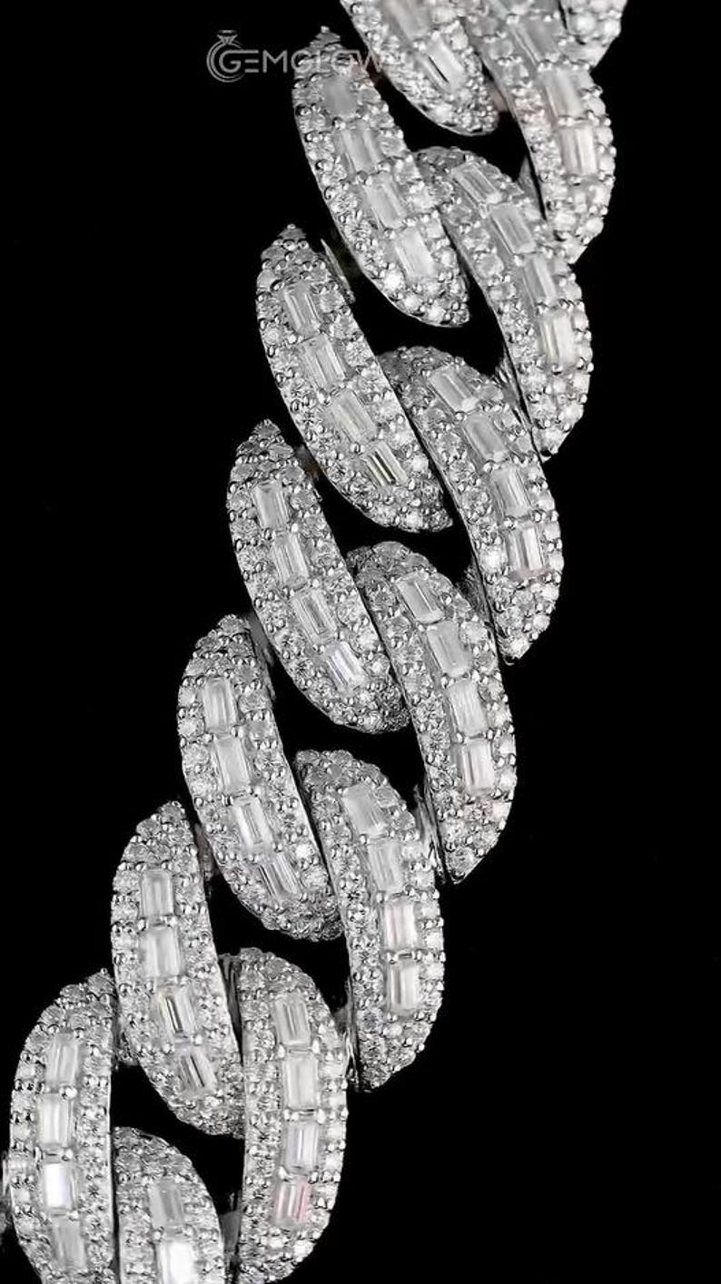 20mm Round & Baguette Miami Cuban Chain Moissanite Cuban Chain Hip Hop ...