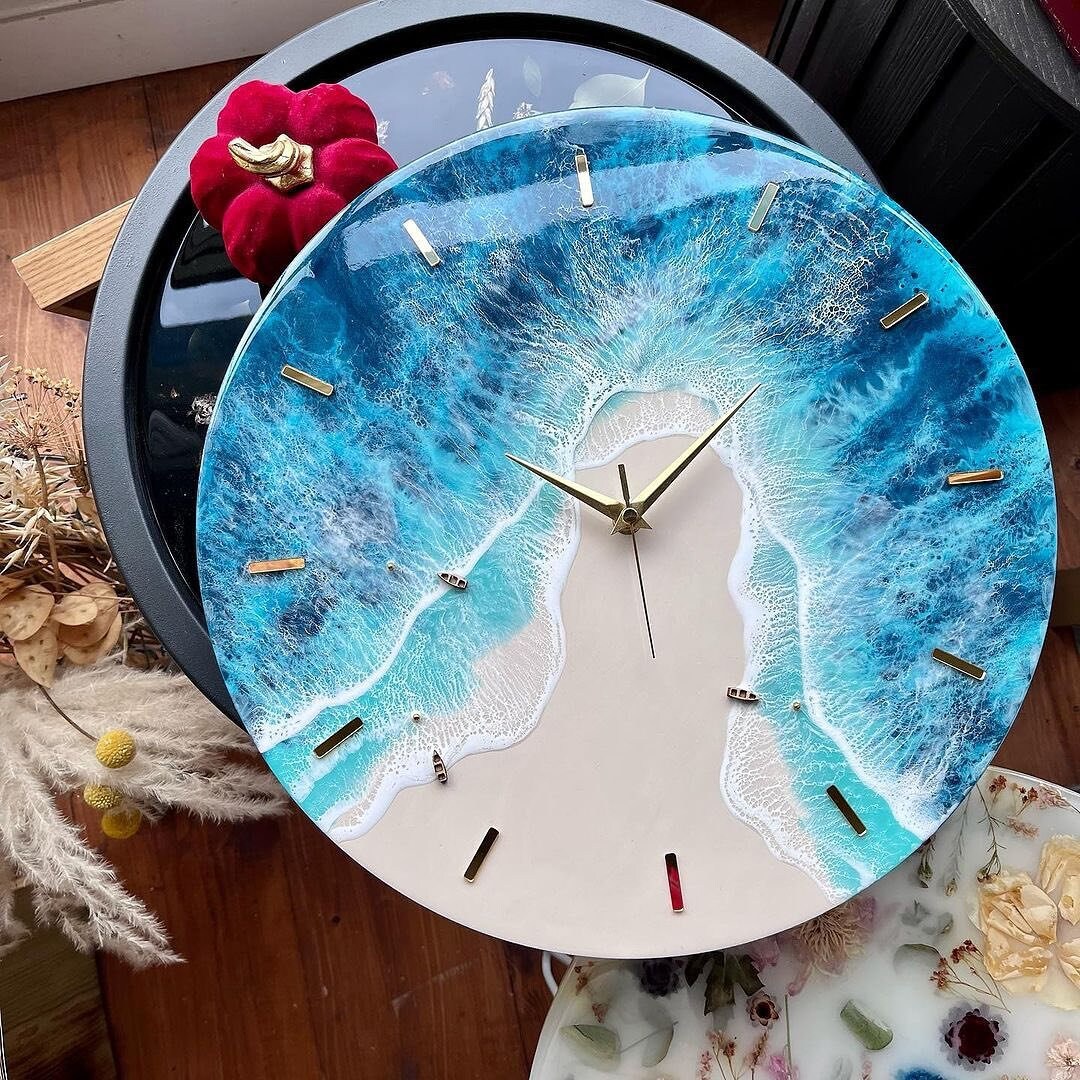 Sea Color Wall Clock With Greek Beach Sand and Ocean Color Resin ...