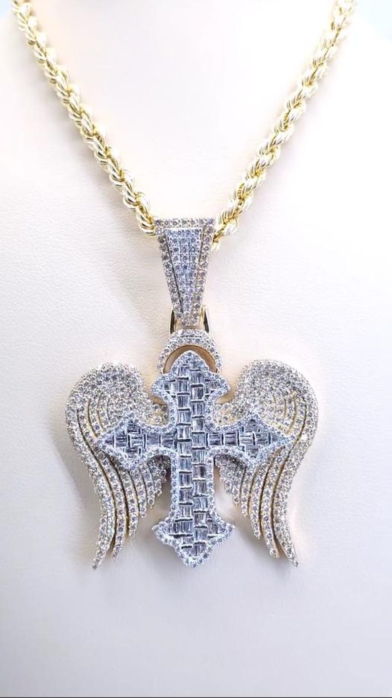 Iced Out Angel Wings Cross Pendant, Icy Baguette Diamond Cross Necklace ...