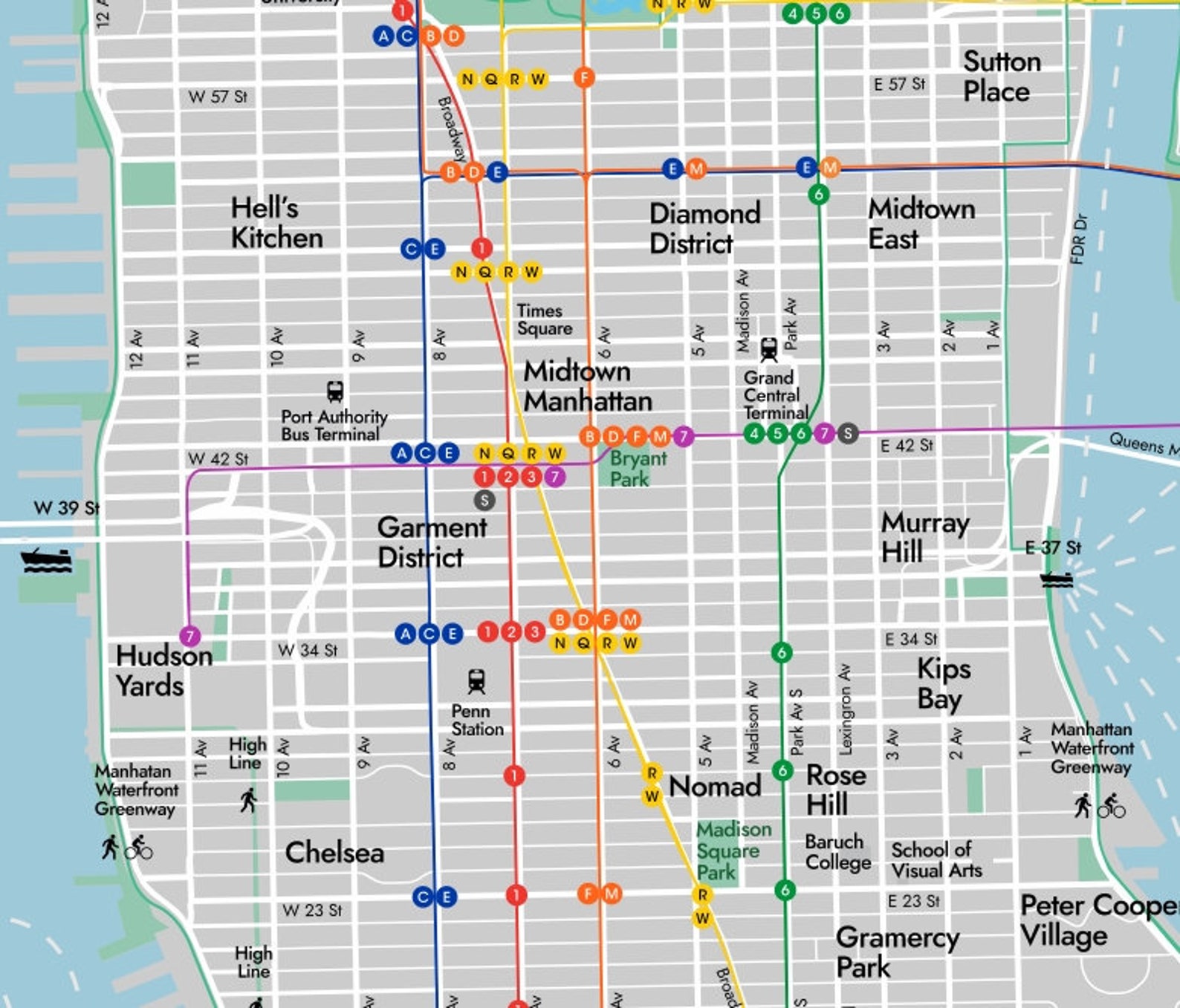 Map of Manhattan, New York, NYC Wall Map. Large 21" X 60" Original ...