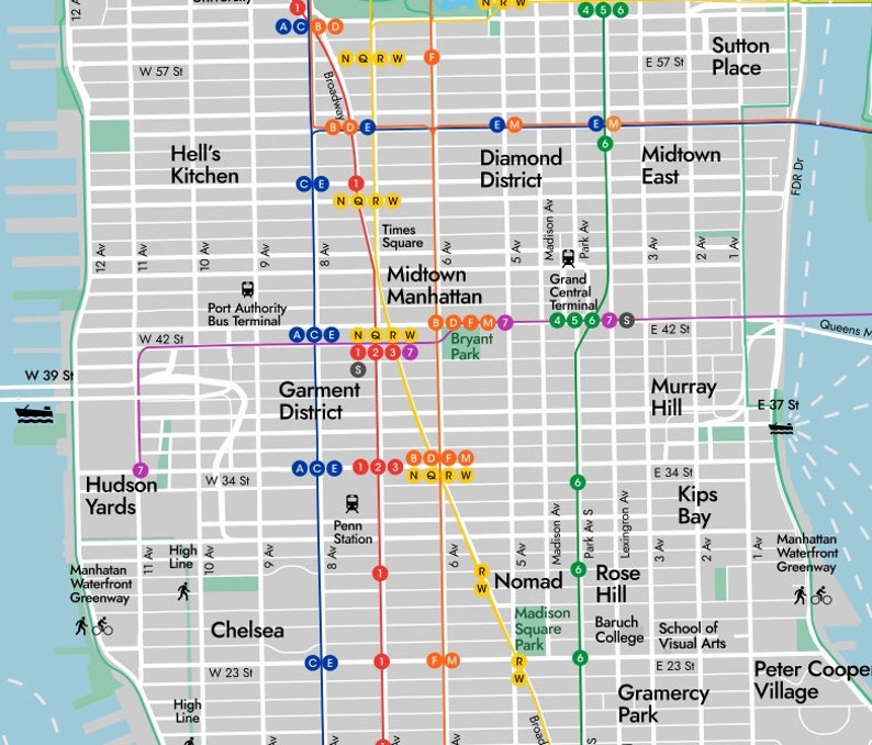 Map of Manhattan, New York, NYC Wall Map. Large 21" X 60" Original ...