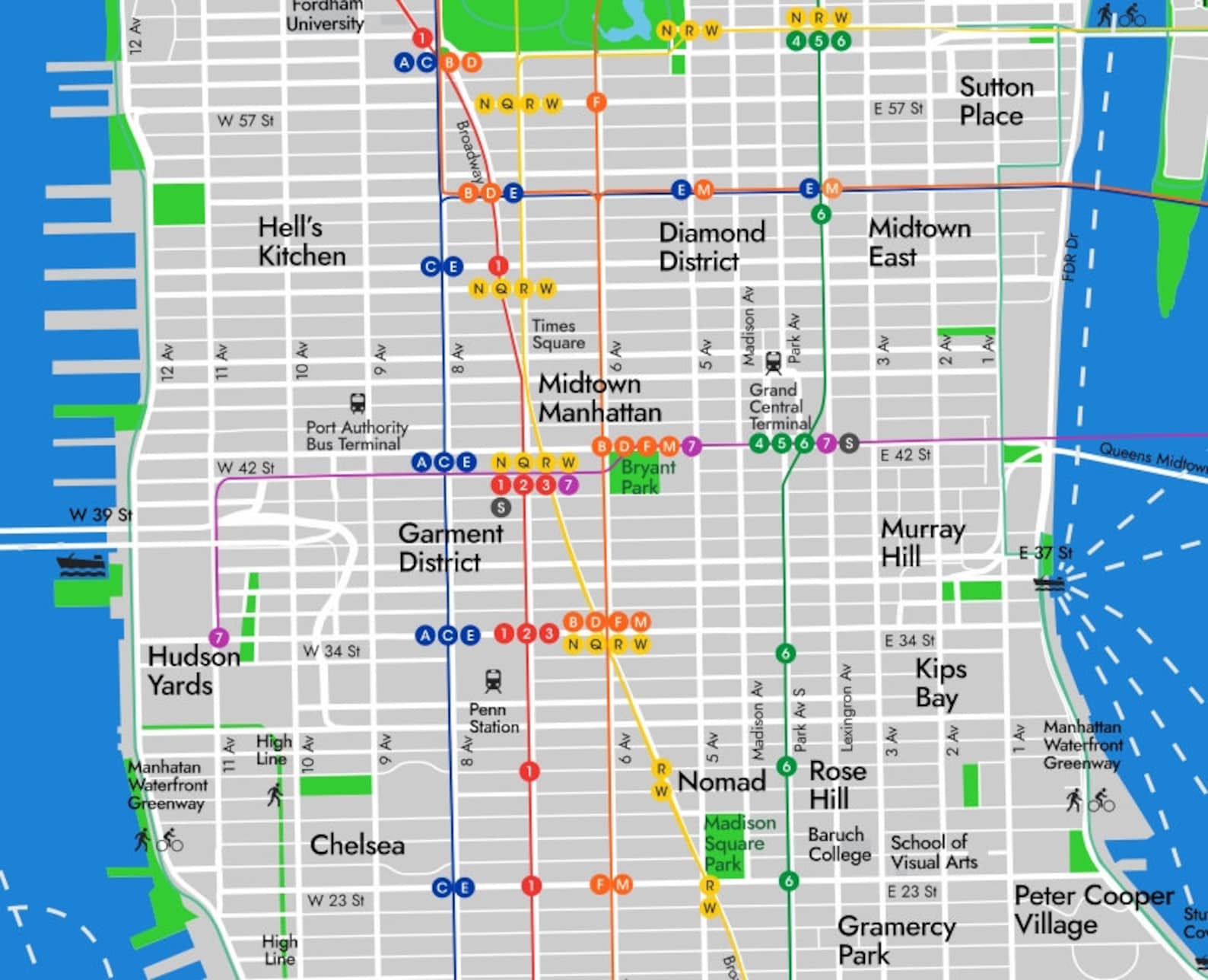 Map of Manhattan, New York, NYC Wall Map. Large 21" X 60" Original ...