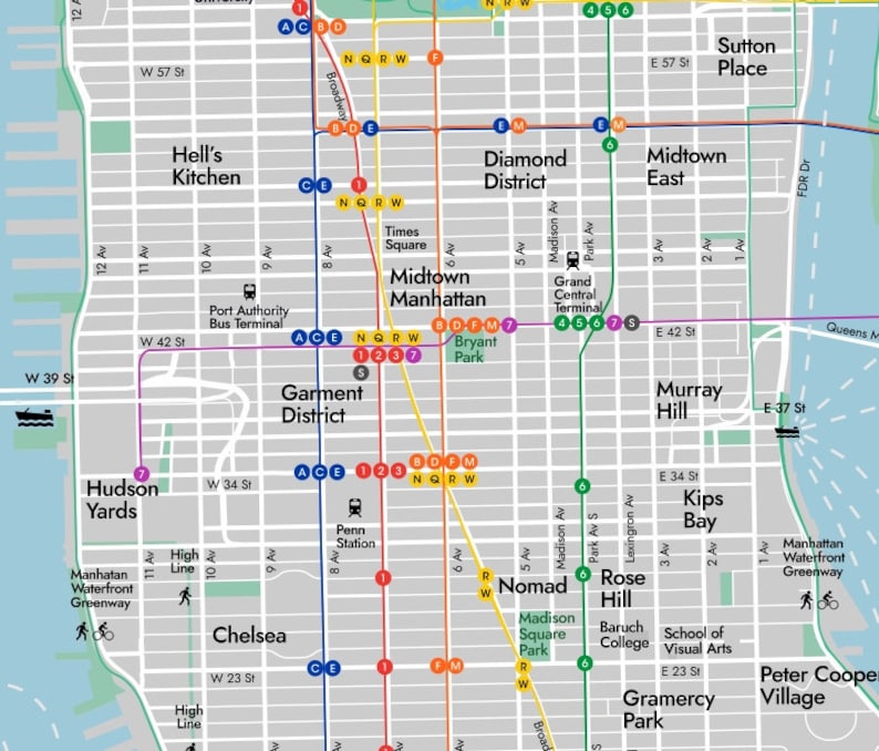 Map of Manhattan New York, NYC Wall Map Medium Size 12" X 35" Wall ...