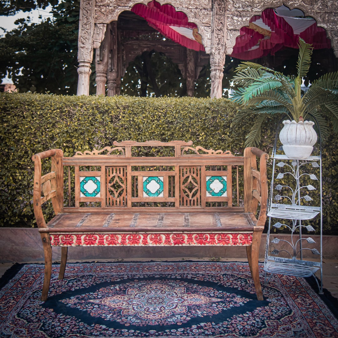 Vintage Wooden Garden Bench Handcarved Distracted Design Unique and ...