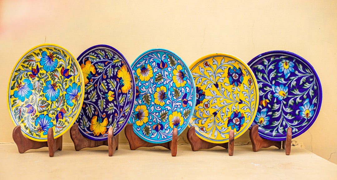 Blue Pottery Floral Plate for Decor Handcrafted Colorful Home Decor ...