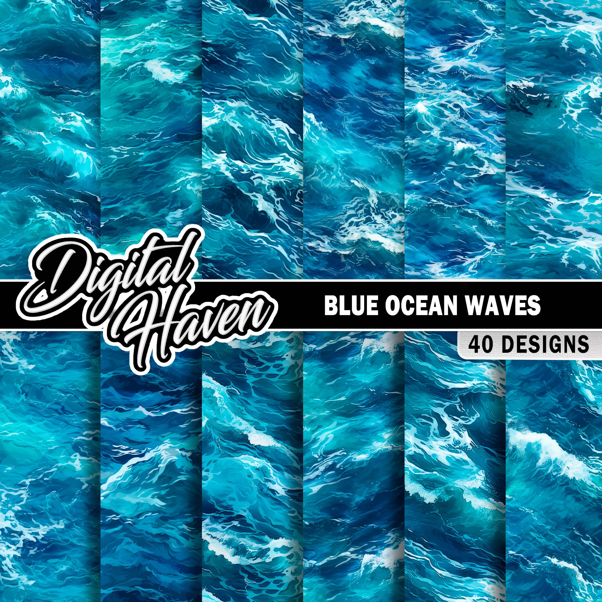 40 Blue Ocean Waves Seamless Patterns Tiling Digital Paper Sublimation ...