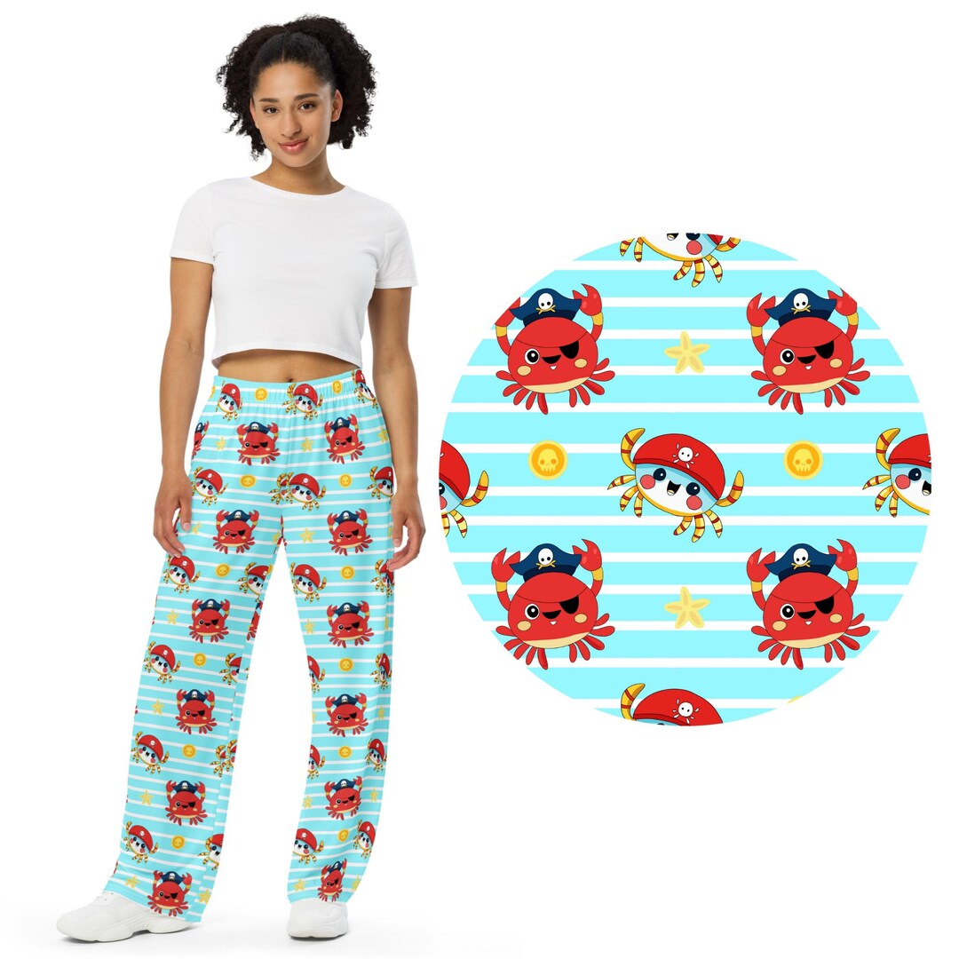 Pirate Crab Pants, Marine Life Pattern Unisex PJ Pants, Plus Size Comfy ...