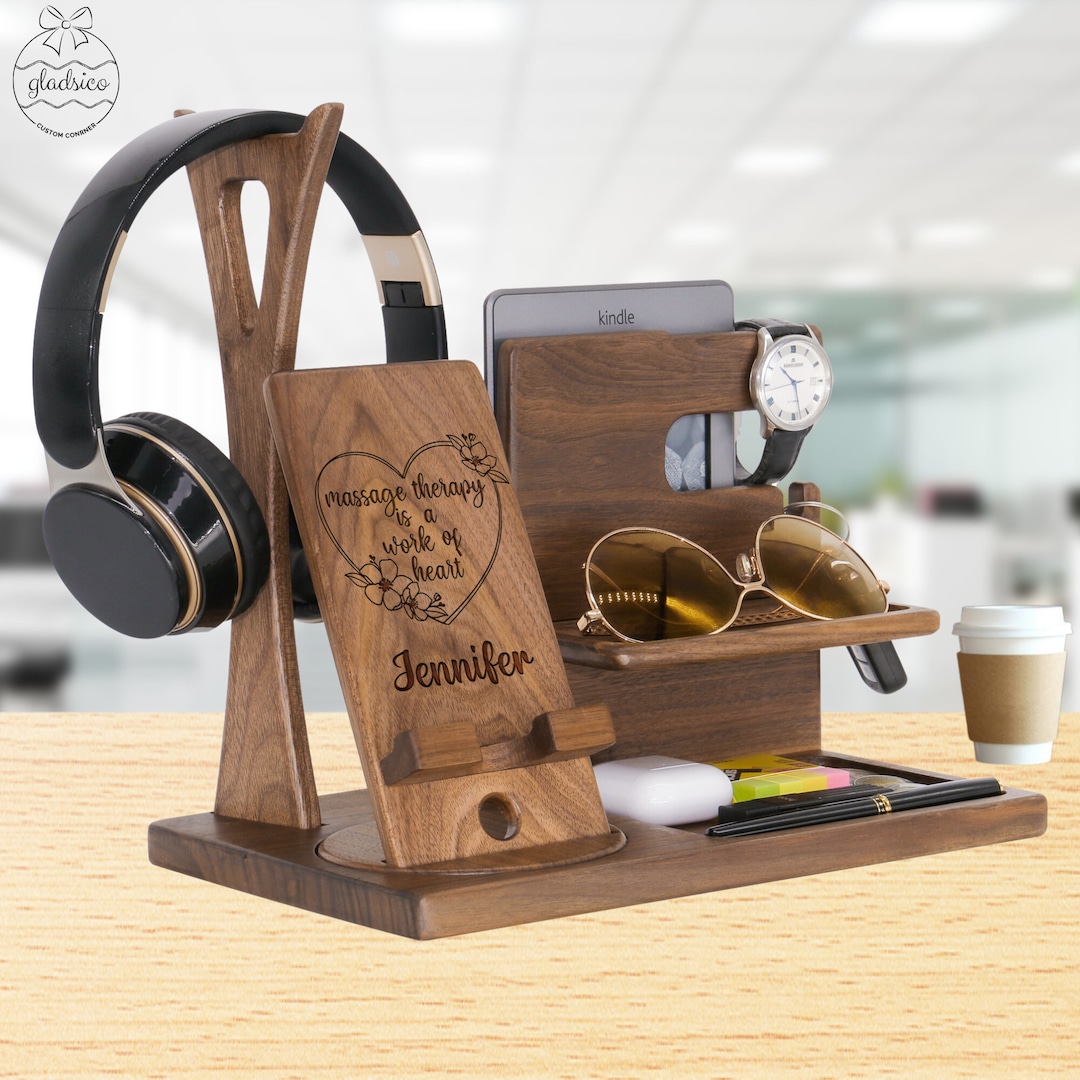 Wooden Headphone Holder for Massage Therapist, Engraved Phone Stand ...