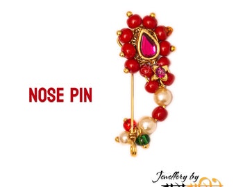 Nose Pin, Maharashtrian Nath, No Piercing, Ethnic Jewelry, Red, Green ...