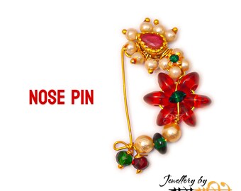Nose Pin, Maharashtrian Nath, No Piercing, Ethnic Jewelry, Red, Green ...