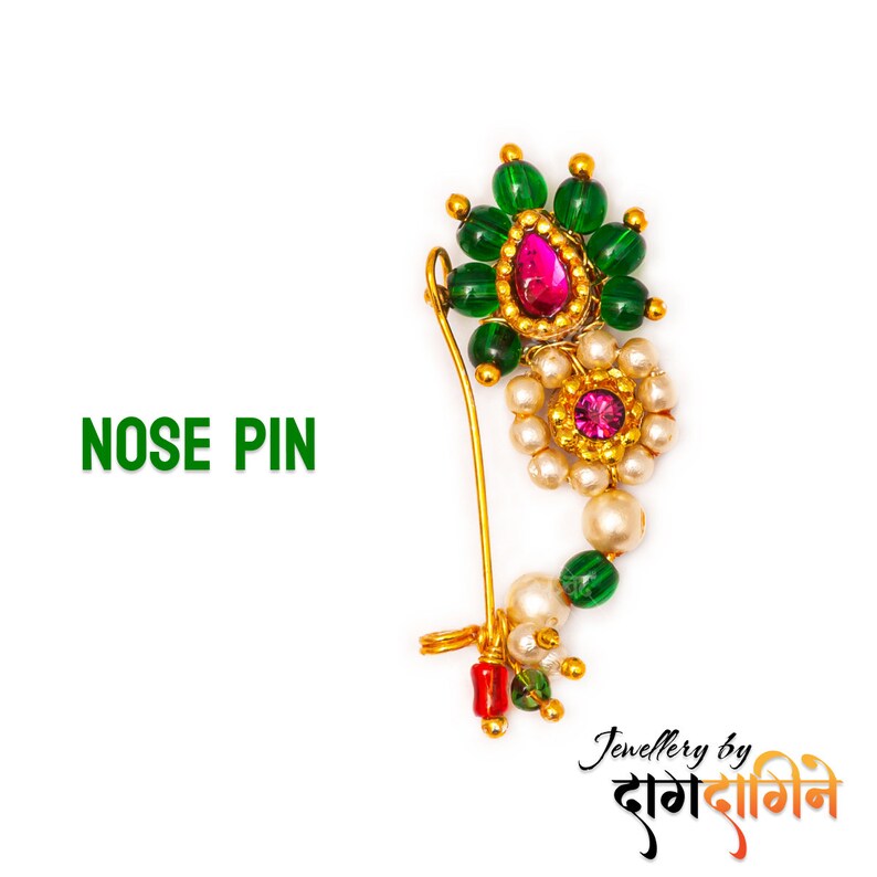 Nose Pin, Maharashtrian Nath, No Piercing, Ethnic Jewelry, Red, Green ...