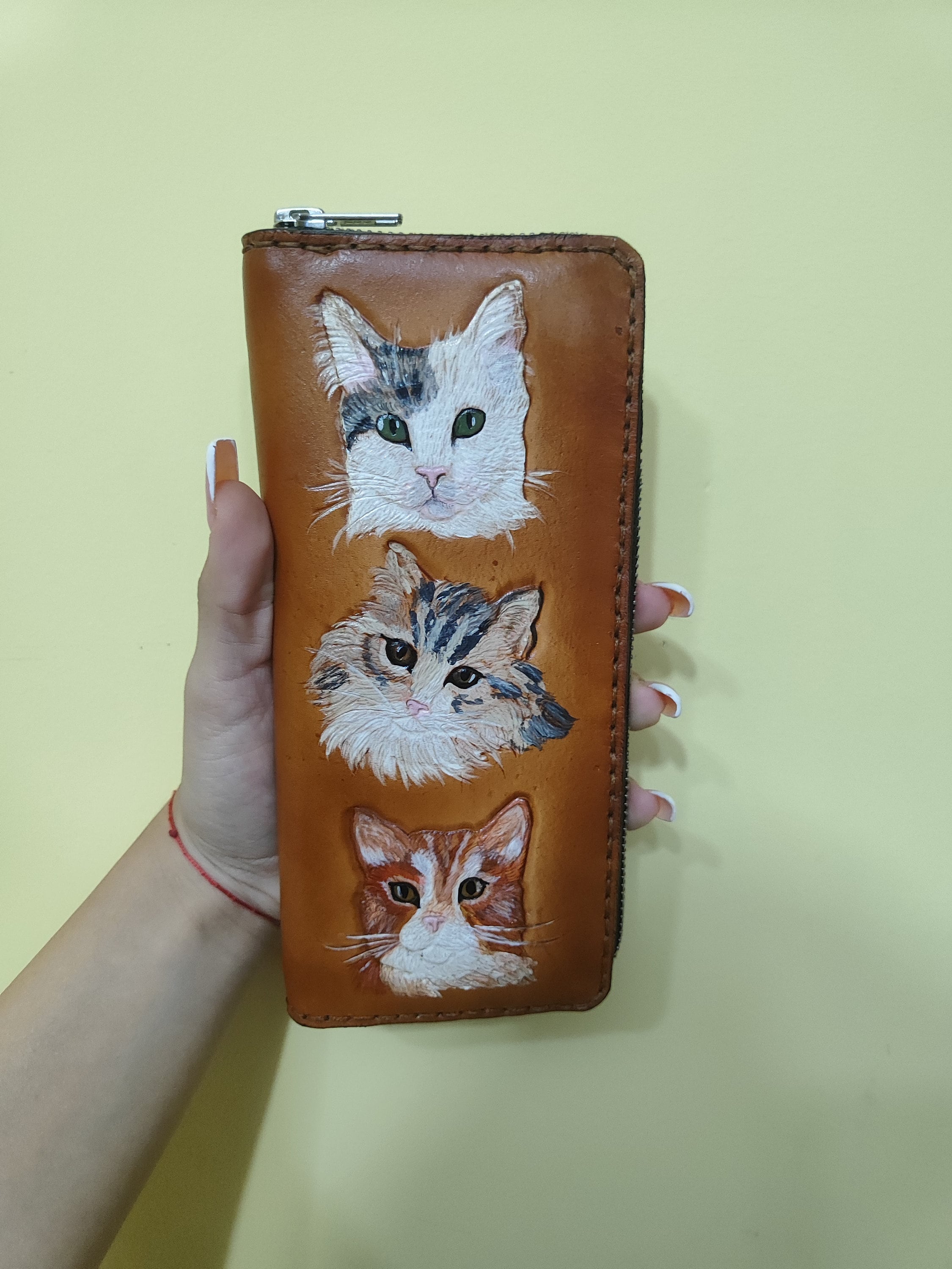 Handmade Leather Carved Cat Wallet, 3D Long Zipper Wallet - Etsy
