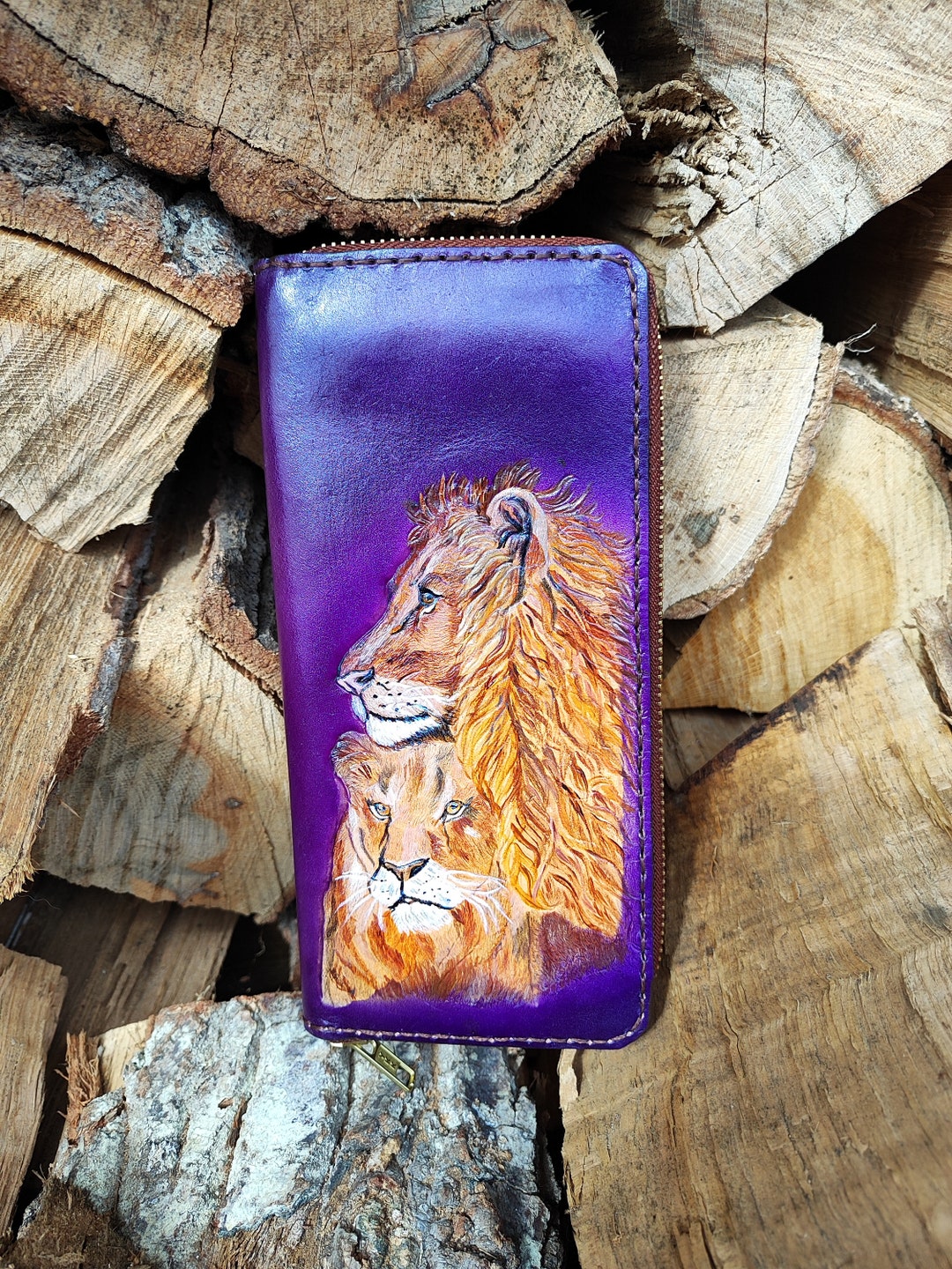 Handmade Leather Lion Wallet: Carved Purple Women's Wallet - Etsy