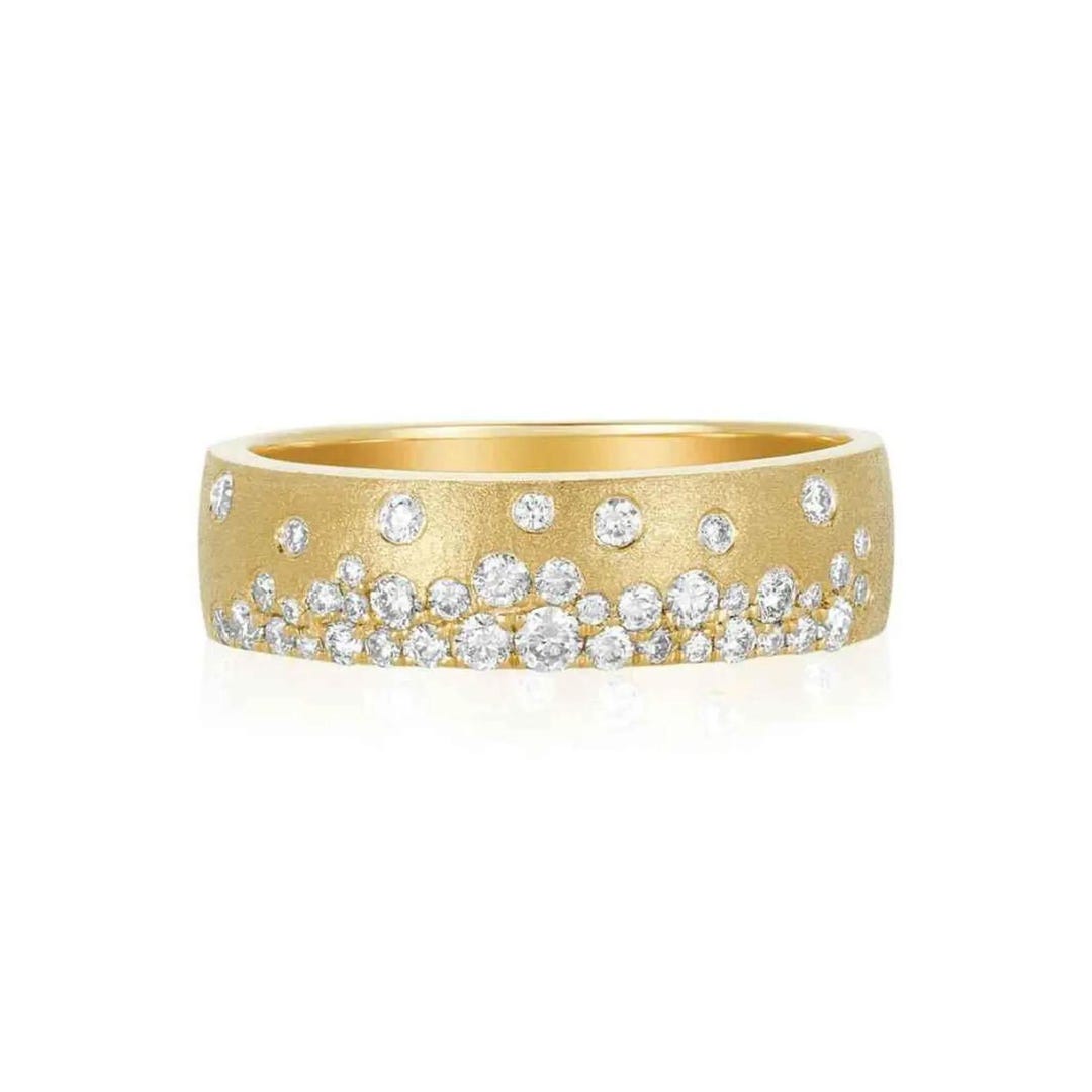 Scattered Diamond Wedding Ring 14k Gold Solid Thick Marriage Band Round ...