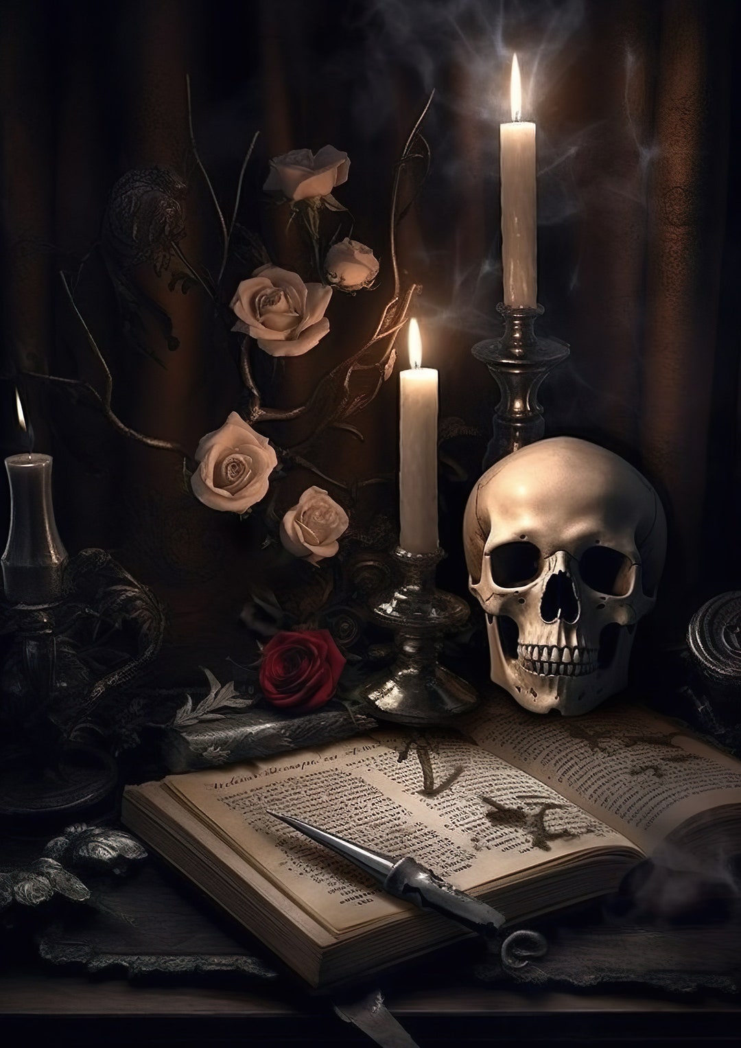 Spellbook, Grimoire and Skull, Roses, Digital Art, AI Art, Digital ...
