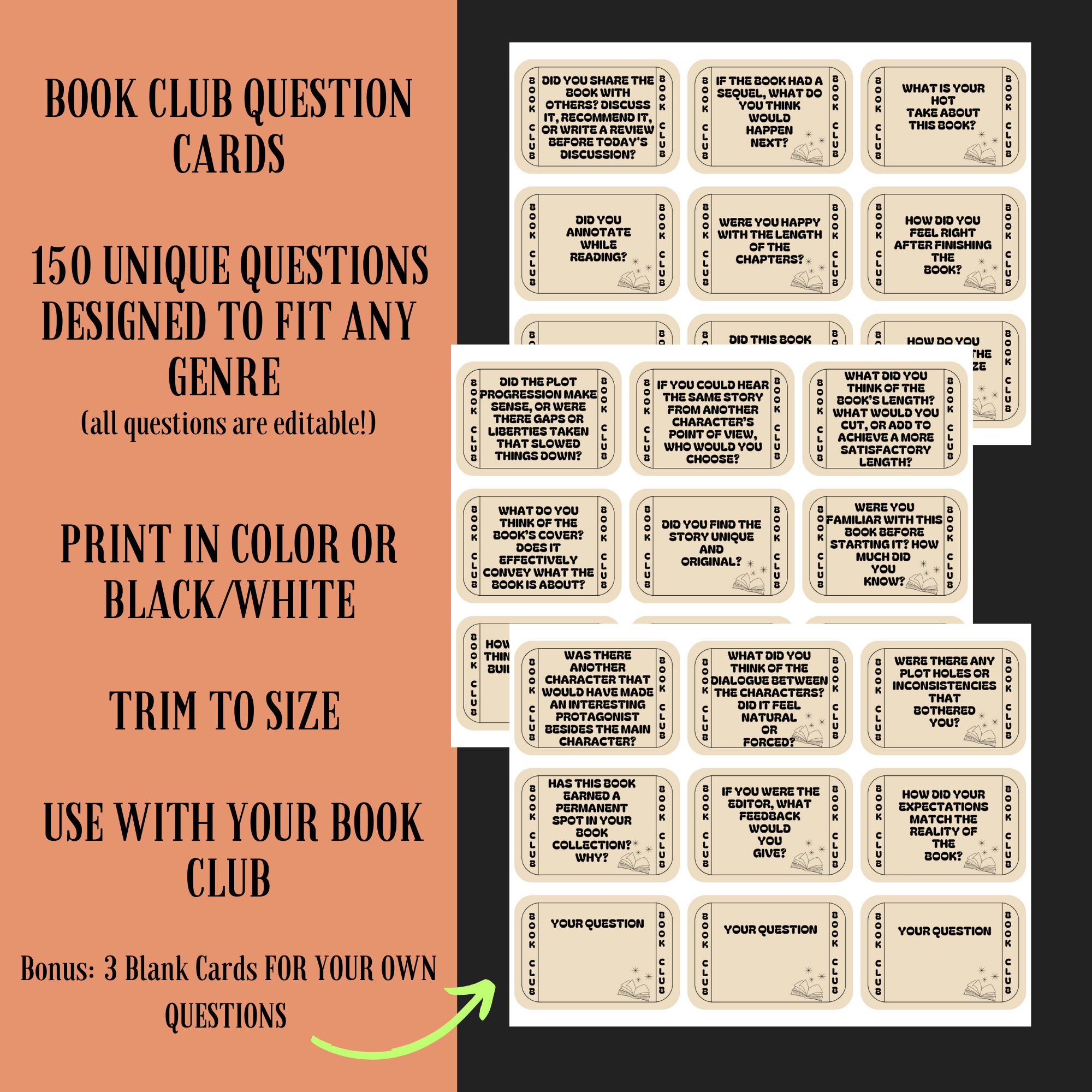Book Club Discussion Questions Printable, Bookclub Cards, Discussion ...