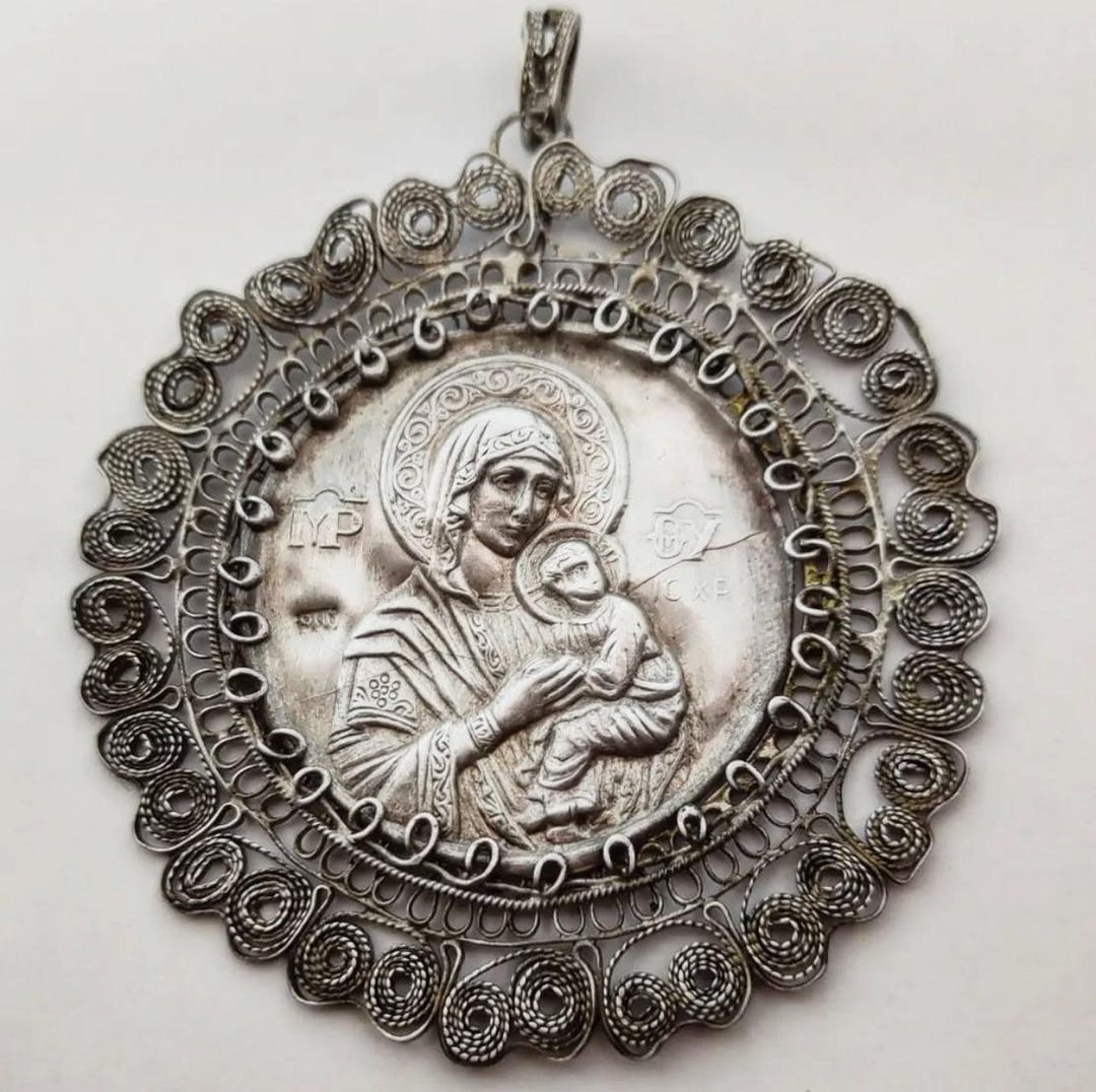 Antique Silver Virgin Mary Medal: Filigree Religious Pendant - Etsy