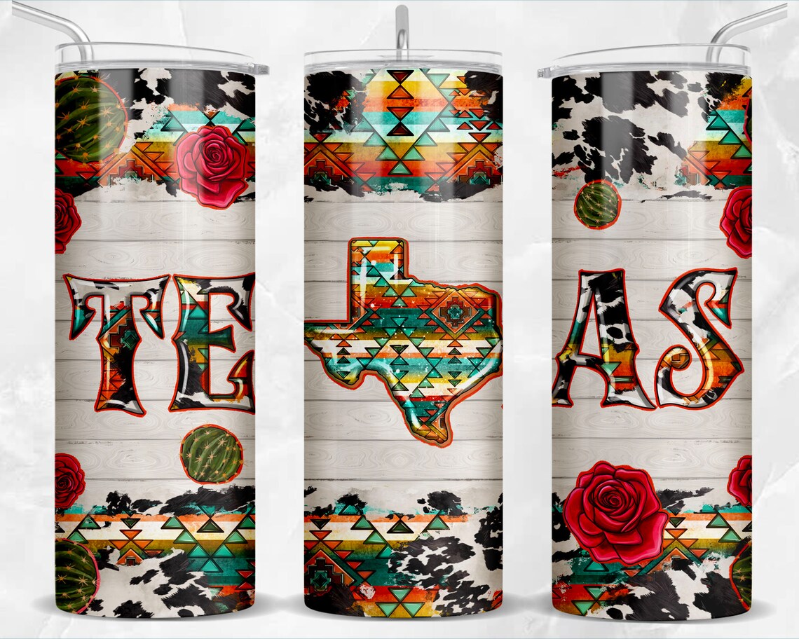 Texas With Aztec and Cowhide 20oz Skinny Tumbler Png Sublimation Design ...