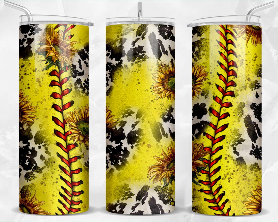 Softball With Cowhide and Sunflowers 20oz Skinny Tumbler Png ...
