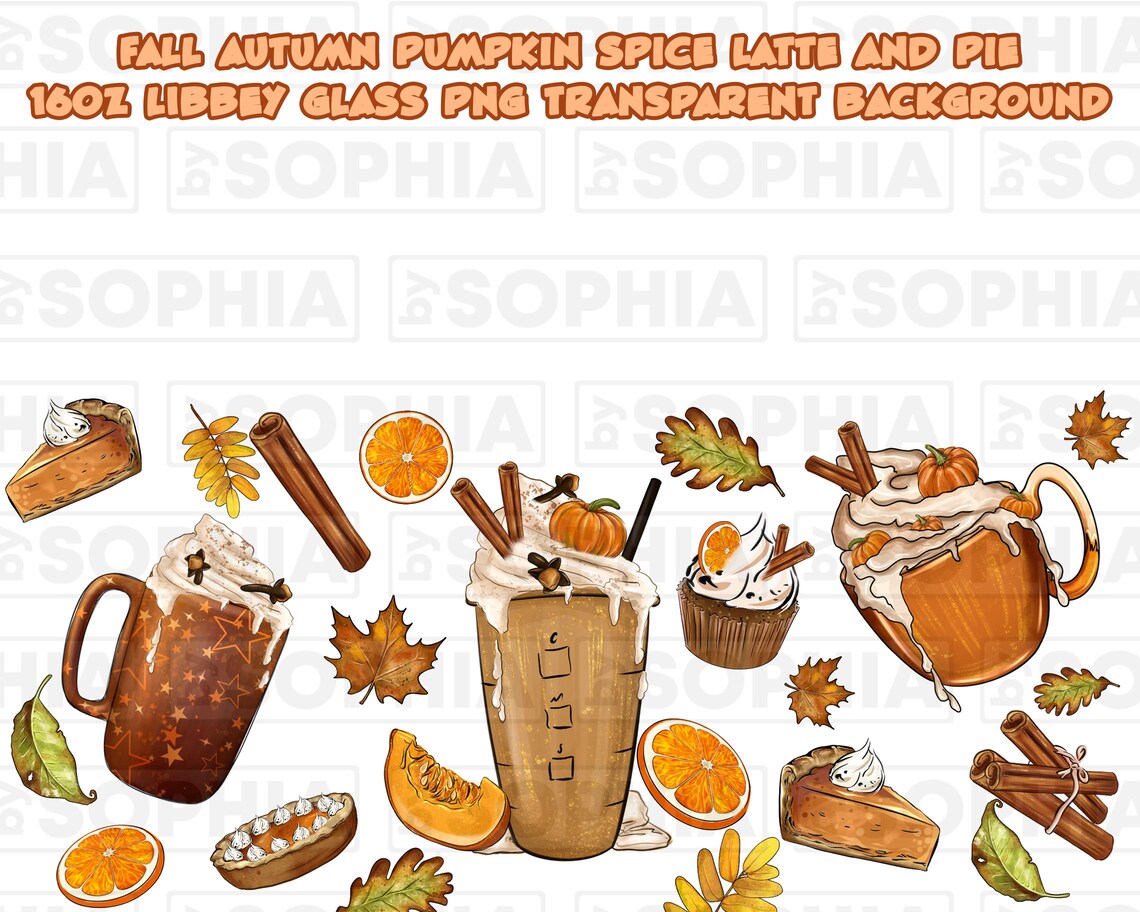 Fall Autumn Pumpkin Spice Latte and Pie 16 Oz Libbey Glass Wrap Png ...