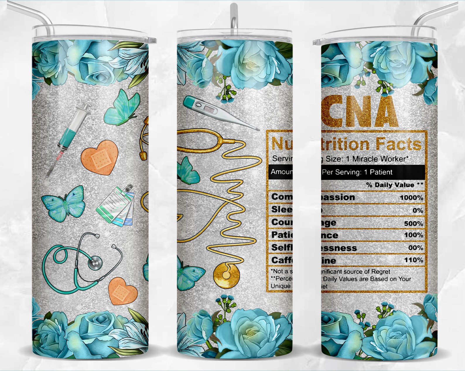 CNA Nutrition Facts With Flowers 20oz Skinny Tumbler Png Sublimation ...