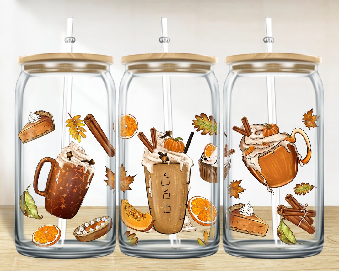 Fall Autumn Pumpkin Spice Latte and Pie 16 Oz Libbey Glass Wrap Png ...