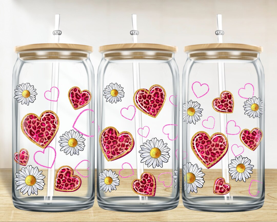 Leopard Heart and Dasies 16 Oz Libbey Glass Wrap Png, Libbey Wrap Png ...