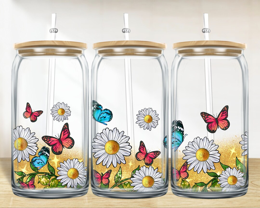 Daisy and Butterflies 16 Oz Libbey Glass Wrap Png, Libbey Wrap Png ...