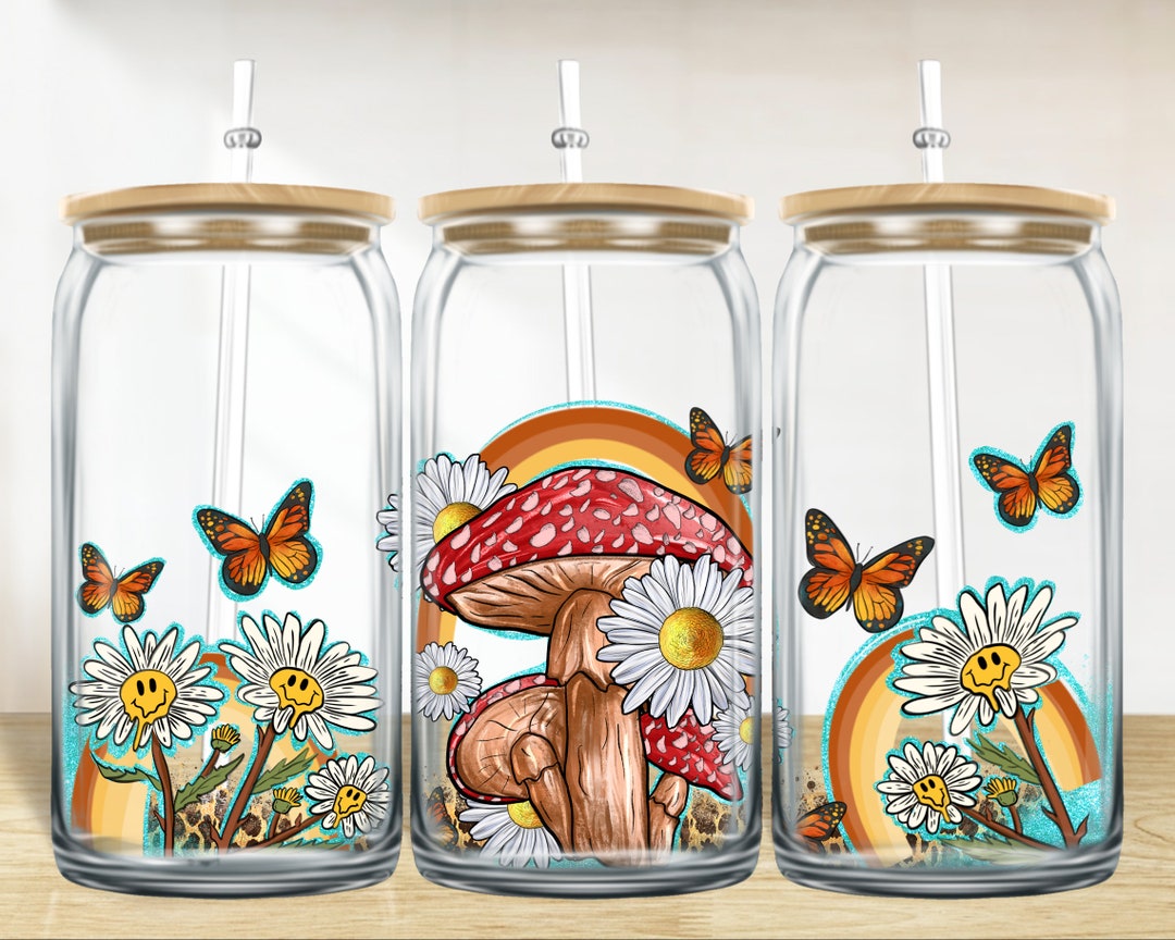 Boho Retro With Floral and Leopard 16 Oz Libbey Glass Wrap Png, Libbey ...