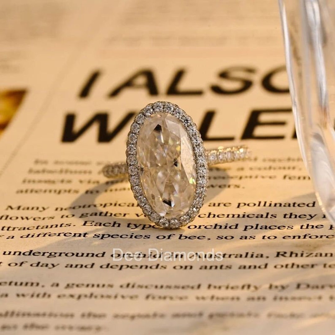 4CT Oval Crushed Ice Cut Moissanite Engagement Ring 14mmx7.5mm White Gold Unique Halo Engagement ...