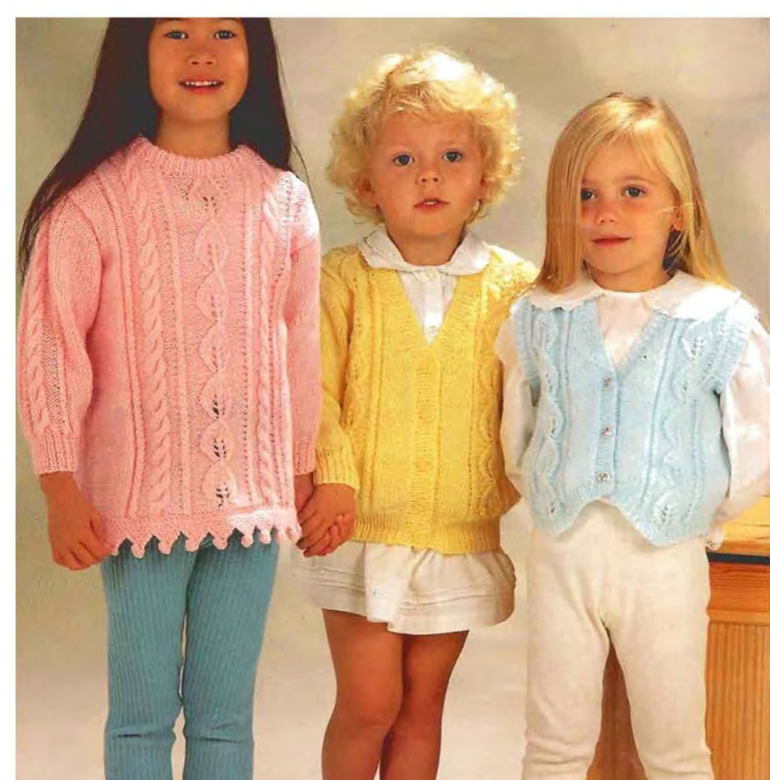 Girls Cable Cardigan- Waistcoat & Tunic Sweater 18-28" DK / Light ...
