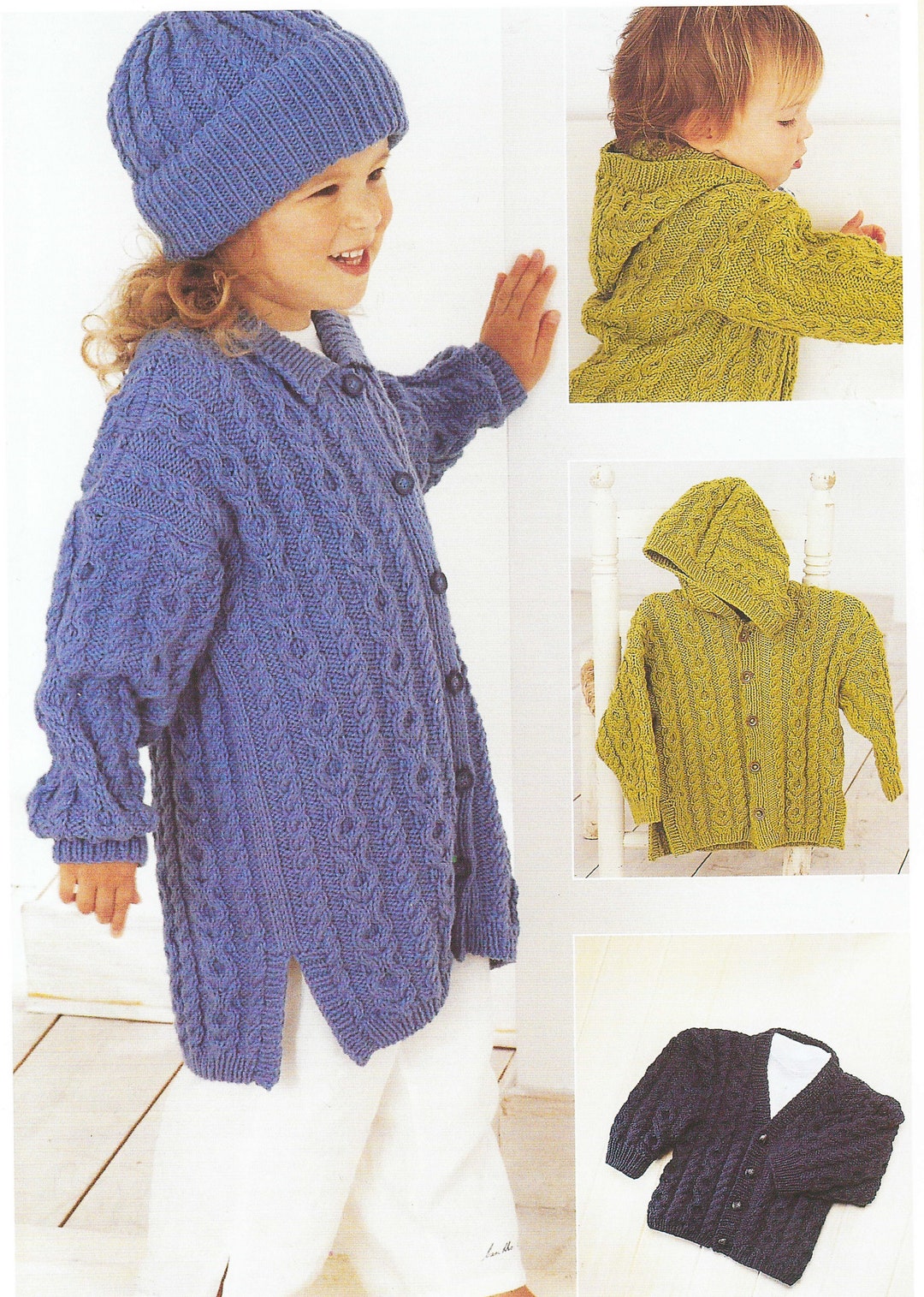 Childs Long Cable Jacket, Hooded Jacket, Cardigan & Hat Fits Birth-6 ...