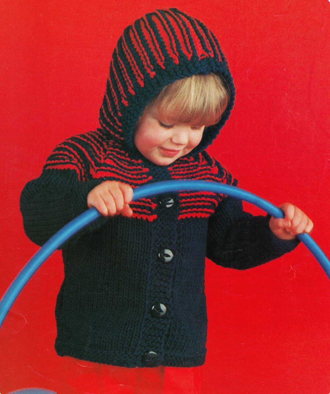 Child's Easy Chunky Hooded Jacket Button Front Boy- Girl- Knitting ...