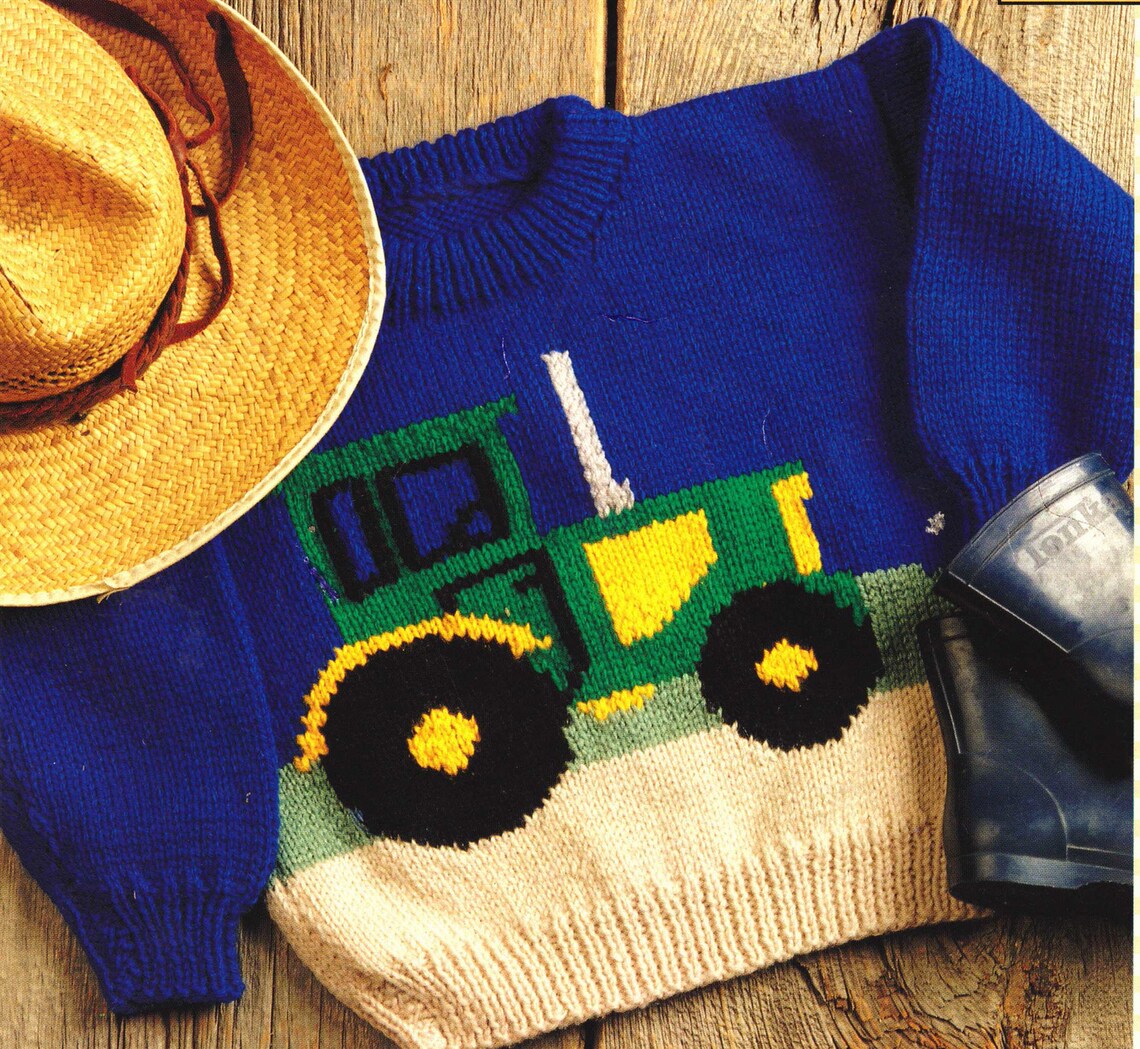 Tractor Farm Sweater Baby Children Knitting Pattern Aran Wool - Etsy