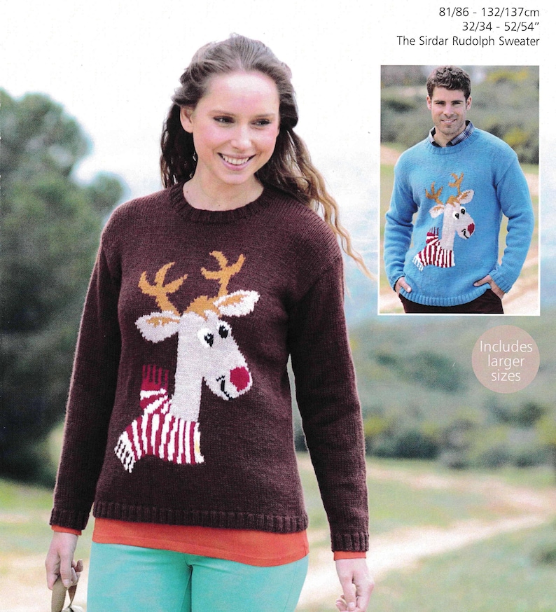 Man's Woman's Rudolf Christmas- Festive Sweater- Jumper- DK/8 Ply ...