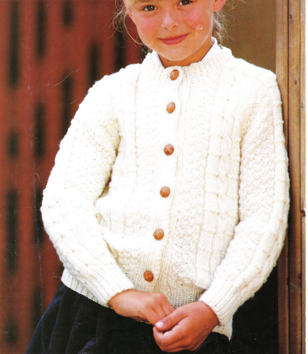Girls- Aran Weight Round Neck Cable Cardigan- Aran- Worsted 10 Ply Yarn ...