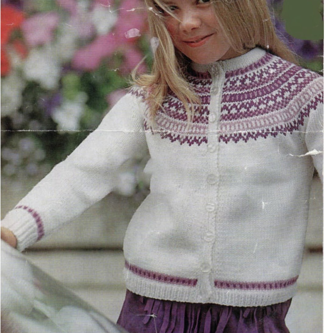 Girl's Cardigan- Round Neck Fair Isle Pattern Design - Knitting Pattern ...
