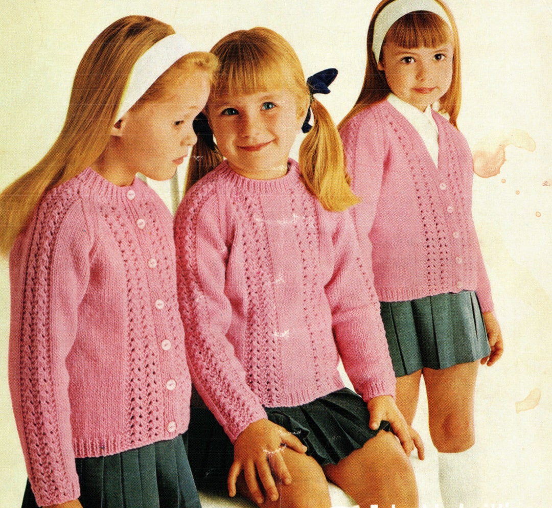 Girls Cardigan & Sweater Jumper Round or V Neck, Raglan Sleeve, Childs ...