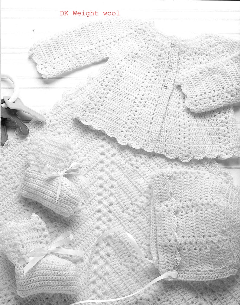 Crochet Pattern- Baby Layette- With Shawl Dress Jacket Hat Bootees 8ply ...