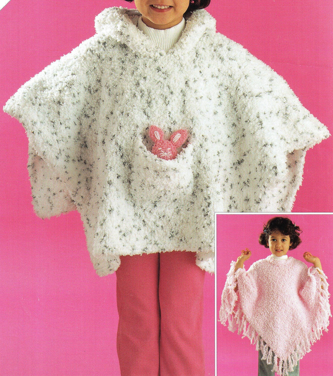 Girl's Easy Hooded or Fringed Poncho- Pockets. Knitted in Chunky- Bulky ...