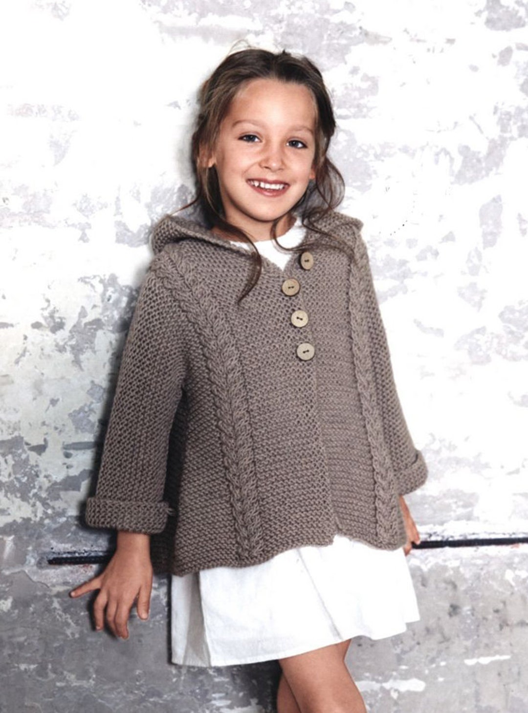 Girl's Garter Stitch & Cable Hooded Coat With Tassle- Jacket 104/110 ...