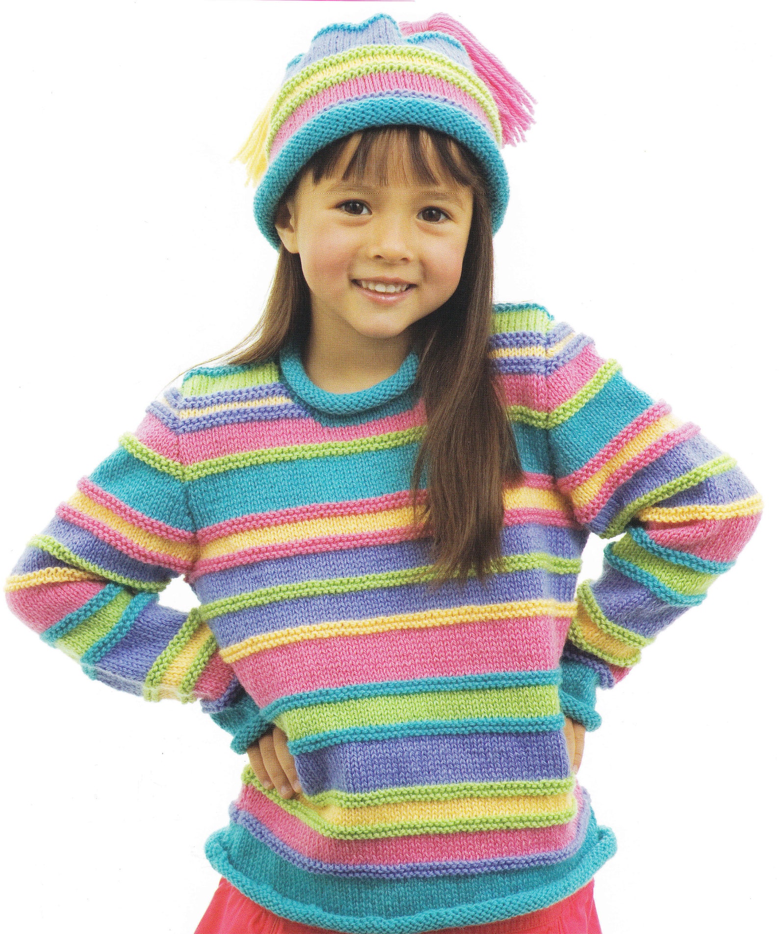 Girl's Bright Easy Knit Roll Neck Stripe Sweater & Beanie Hat- DK 8ply ...