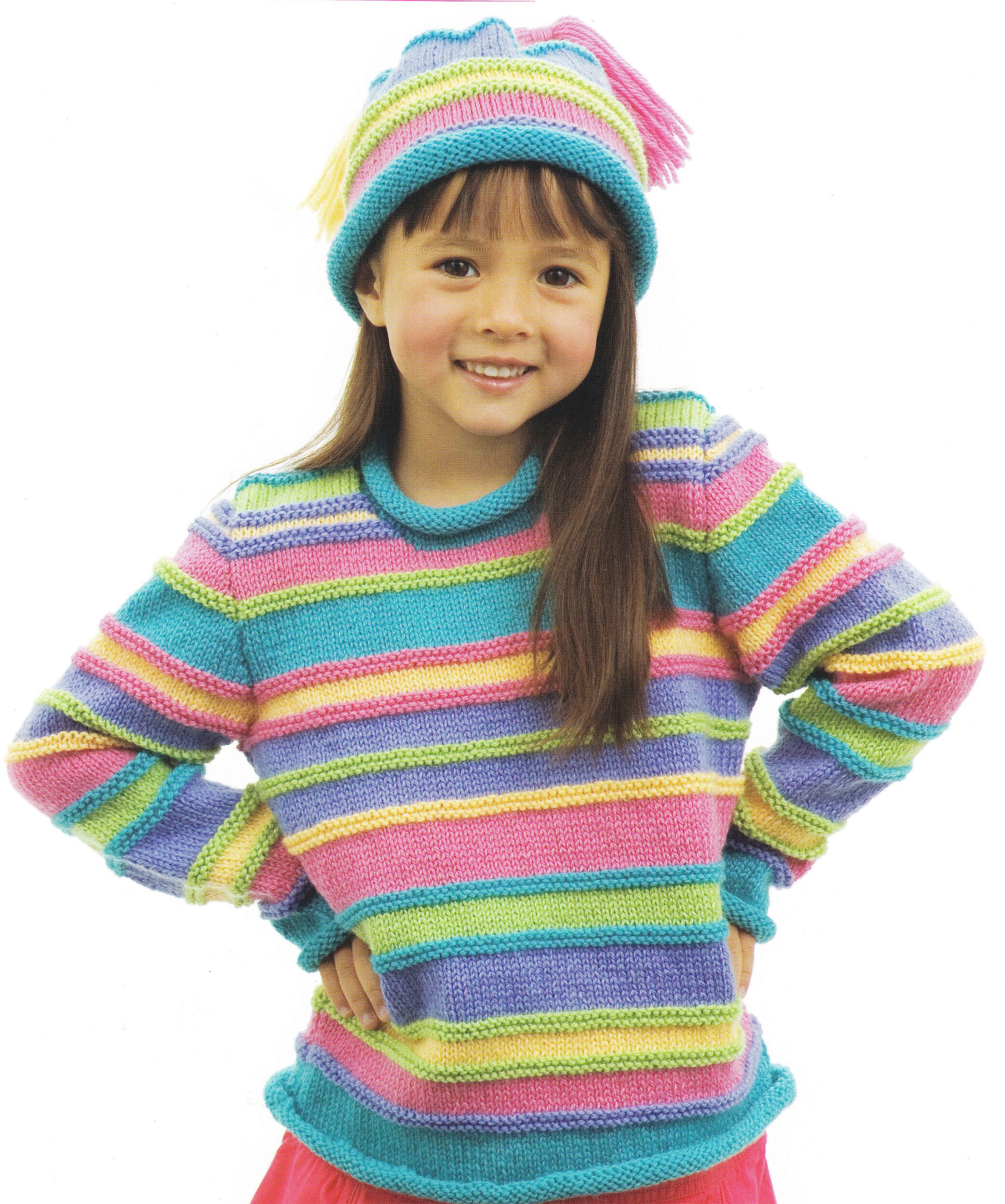 Girl's Bright Easy Knit Roll Neck Stripe Sweater & Beanie Hat- DK 8ply ...