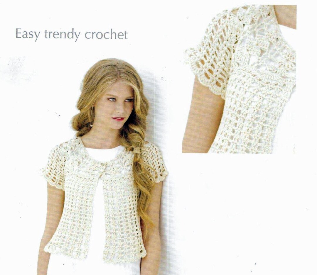 Womens-girls Crochet Jacket - Cardigan Short Sleeves - Dk 8ply Cotton ...