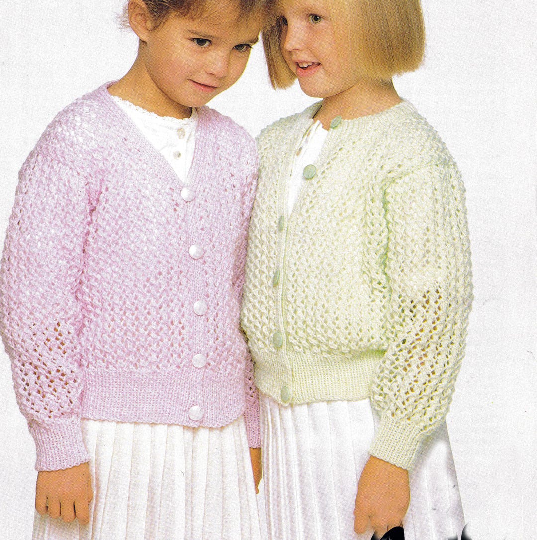 Girl's Lacey Cardigans V Neck & Round Neck DK 8ply Wool Size 20"-30 ...
