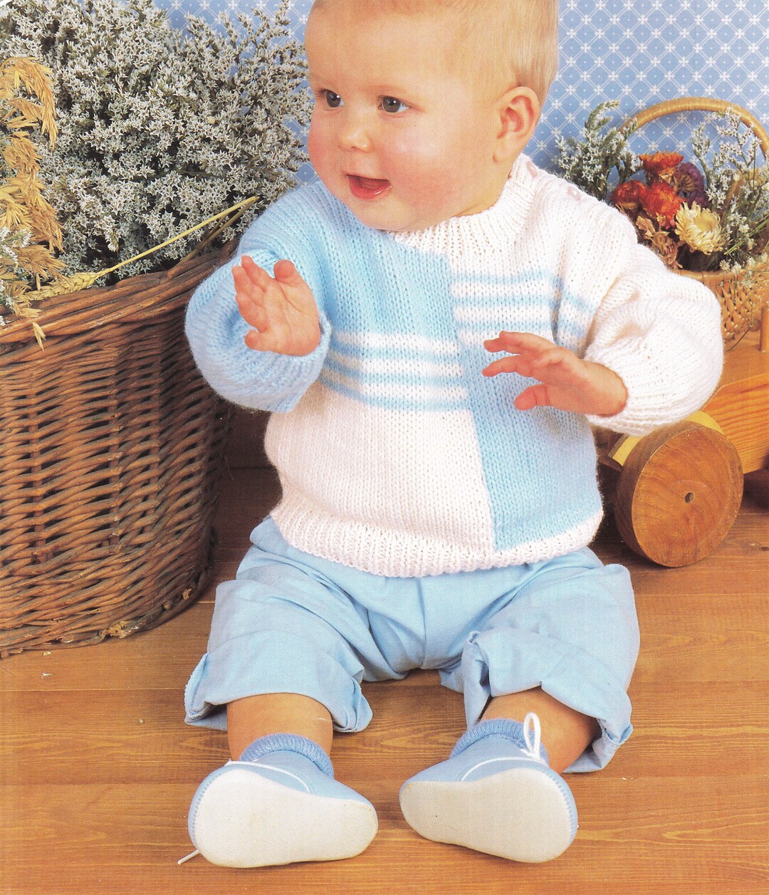 Easy Knit Baby Sweater Round Neck Shoulder Button Drop Sleeve