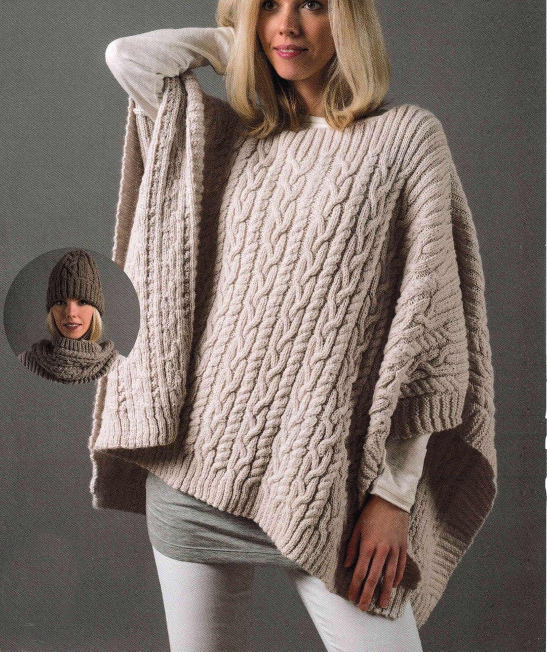 Womans Cable Poncho - Snood & Hat- Aran 10 Ply Worsted Yarn - Fits 32 ...