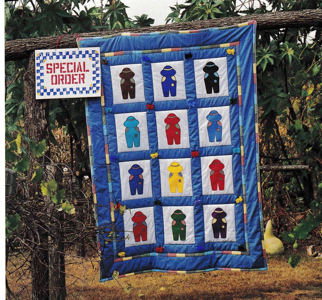 Overall Sam Patchwork Blocks Applique Boys Bed Quilt Bedspread Vintage ...